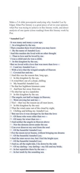Make a 5-6 slide powerpoint analyzing why Annabel Lee | Chegg.com