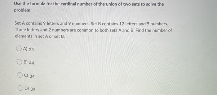 Solved Use the formula for the cardinal number of the union | Chegg.com