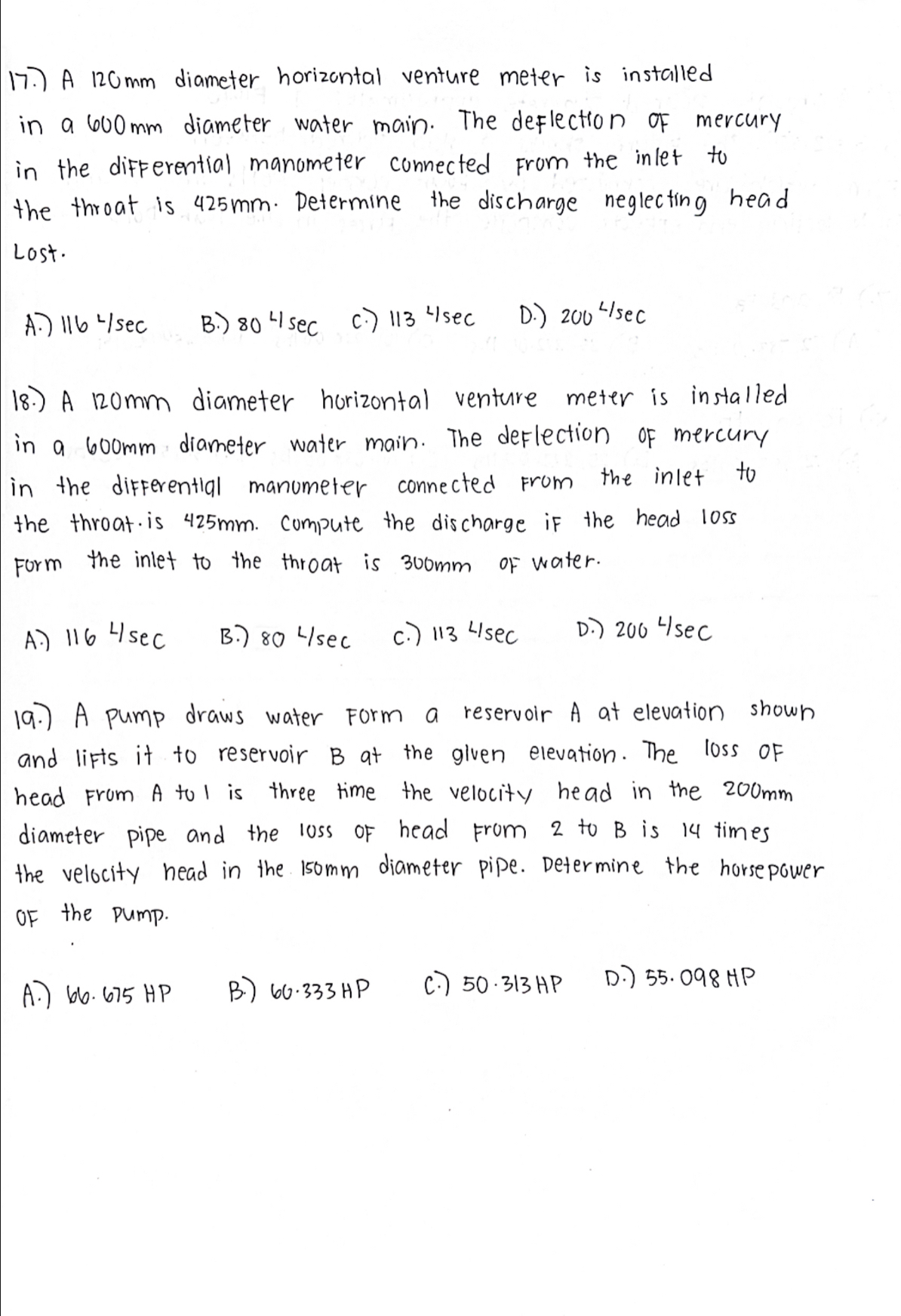 Solved 17.) ﻿A 120mm ﻿diameter horizontal venture meter is | Chegg.com