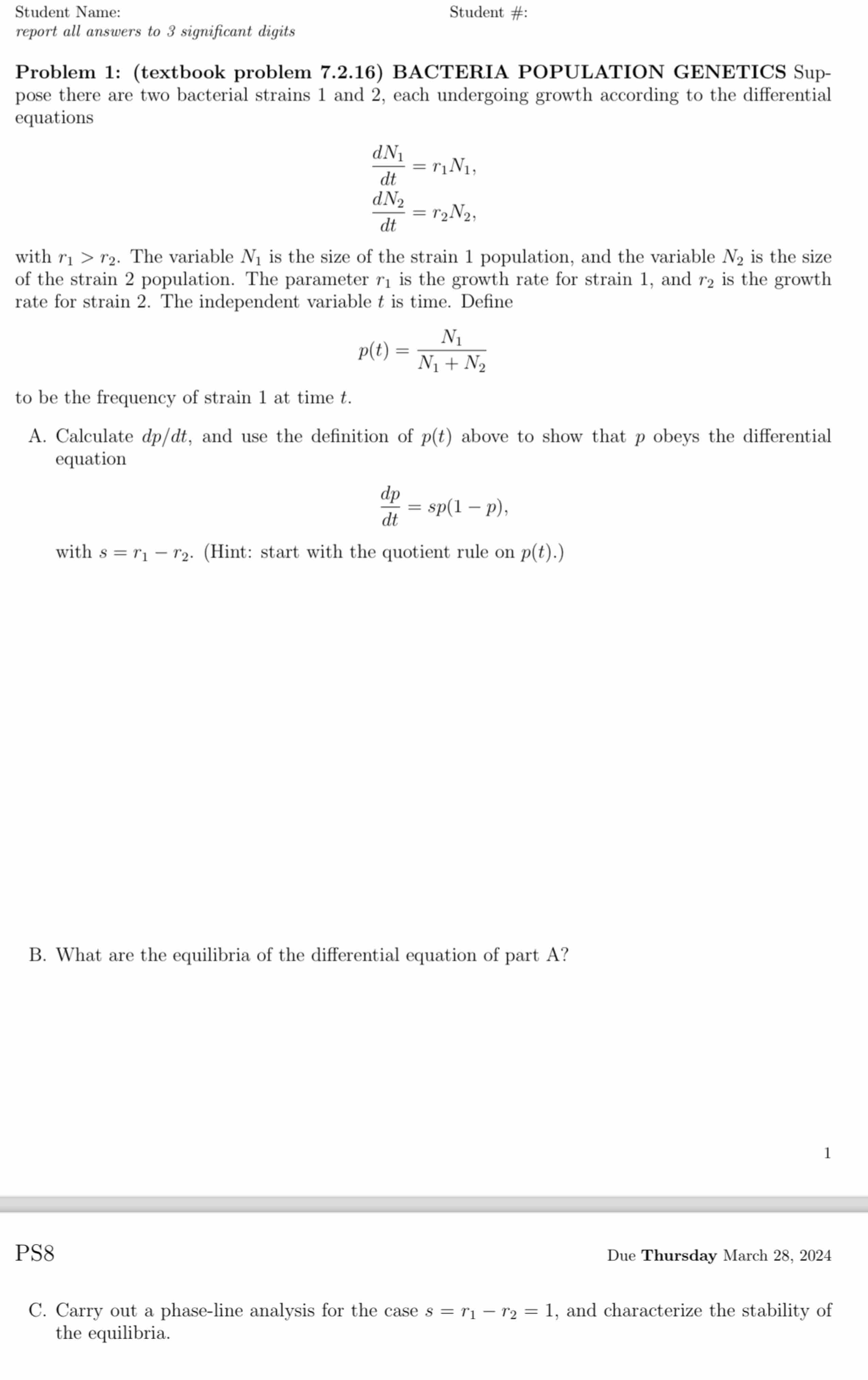 Solved Problem 1: (textbook problem 7.2.16) ﻿BACTERIA | Chegg.com