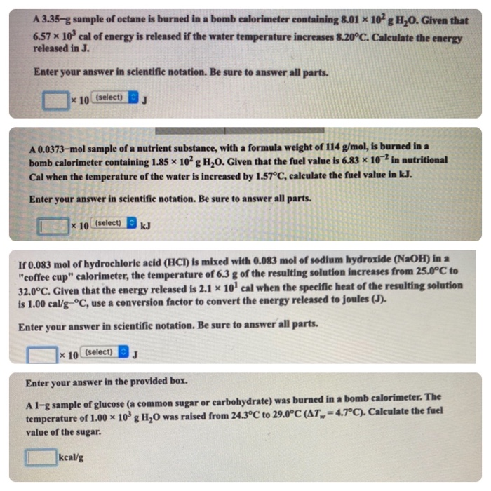 Solved A 3.35-g sample of octane is burned in a bomb | Chegg.com