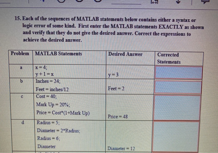 Solved 15 Each Of The Sequences Of Matlab Statements Below 