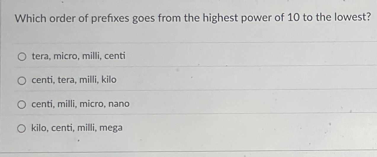 Which order of prefixes goes from the highest power | Chegg.com