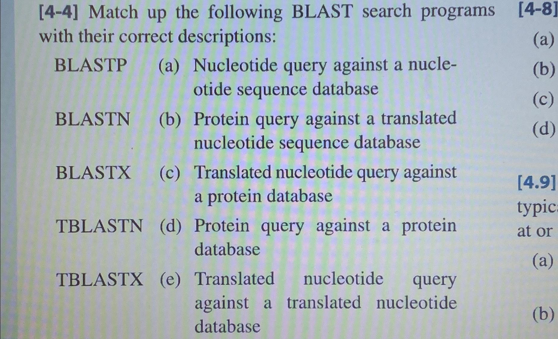 Solved [4-4] ﻿Match up the following BLAST search | Chegg.com