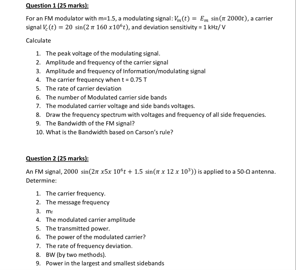 Solved Question 1 ( 25 ﻿marks):For an FM modulator with | Chegg.com