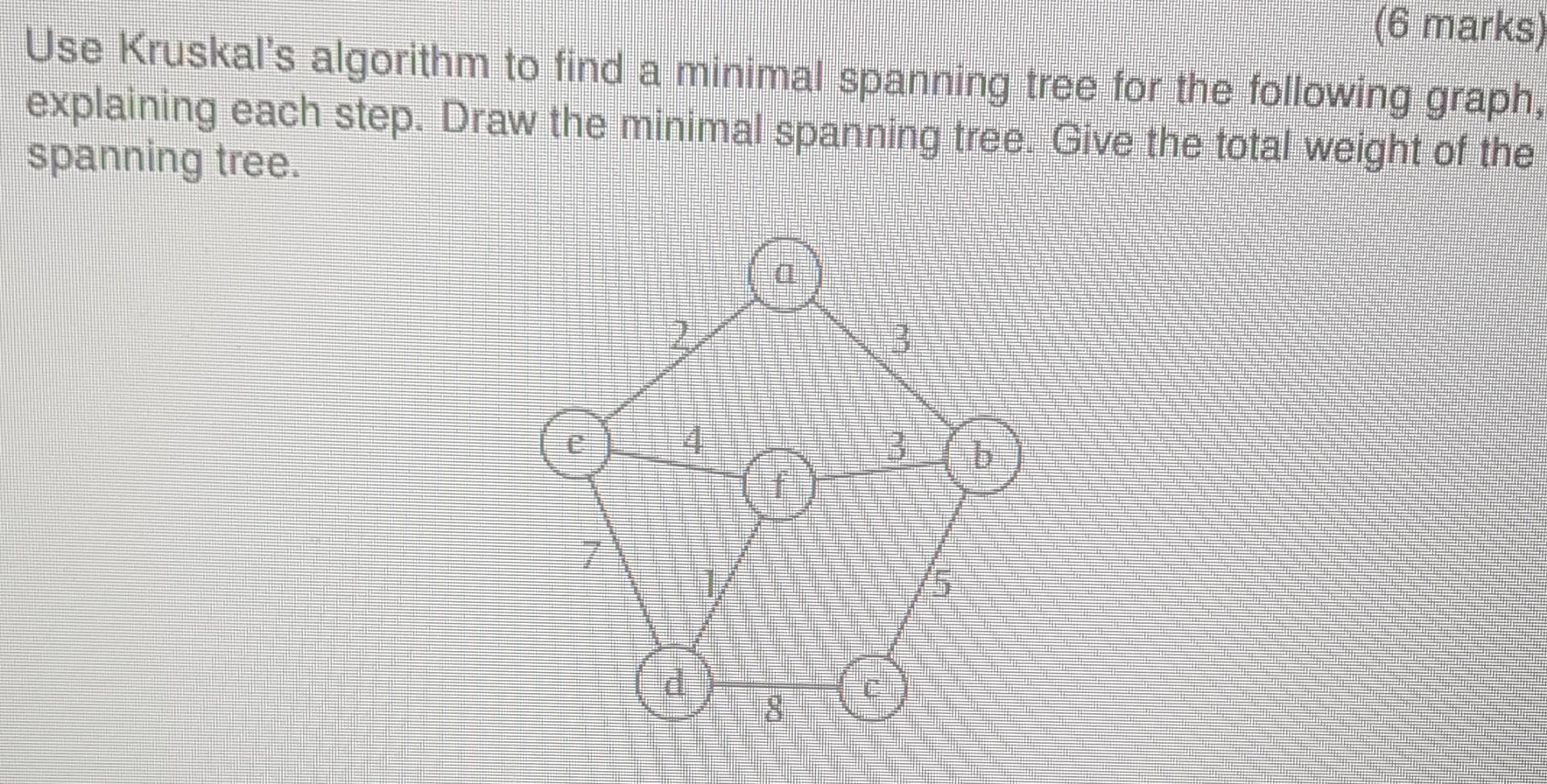 Solved (6 marks Use Kruskal's algorithm to find a minimal | Chegg.com