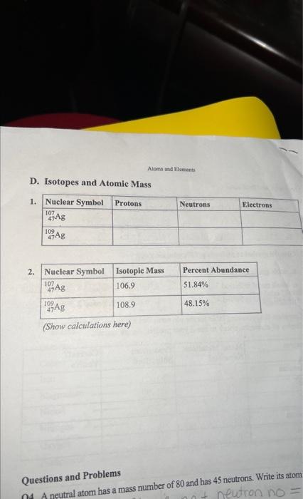 Solved D. Isotopes and Atomic Mass I (Show calculations | Chegg.com