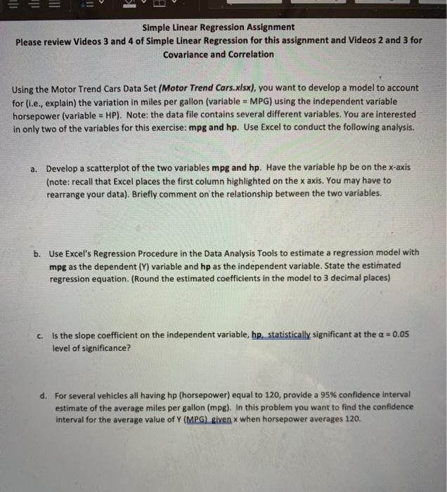 Solved = = = = Simple Linear Regression Assignment Please | Chegg.com