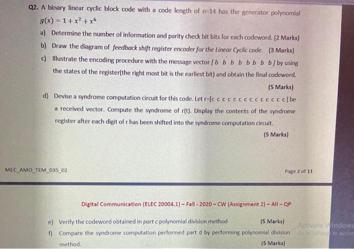 Q2 A Binary Linear Cyclic Block Code With A Code