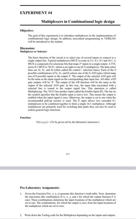 Solved EXPERIMENT #4 Multiplexers in Combinational logic | Chegg.com