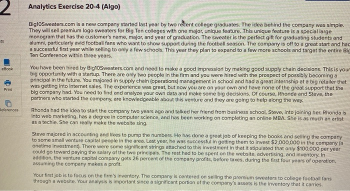 2 Analytics Exercise 20-4 (Algo) ats eBook Print | Chegg.com