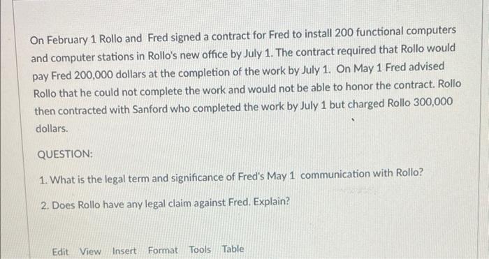 Solved On February 1 Rollo and Fred signed a contract for | Chegg.com