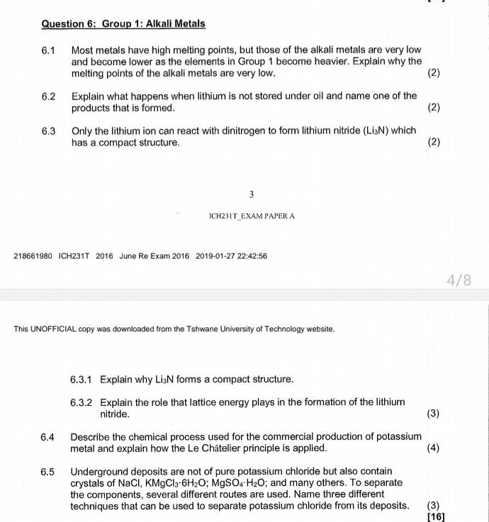 Solved Question 6: Group 1: Alkali Metals 6.1 Most metals | Chegg.com