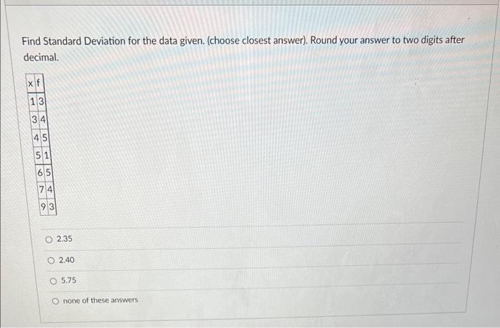 Solved Find Standard Deviation for the data given. (choose | Chegg.com