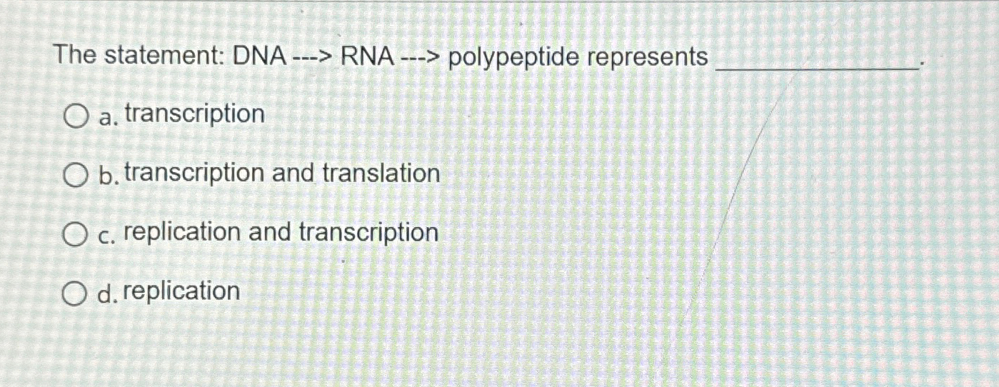Solved The statement: DNA ---> ﻿RNA ---> ﻿polypeptide | Chegg.com