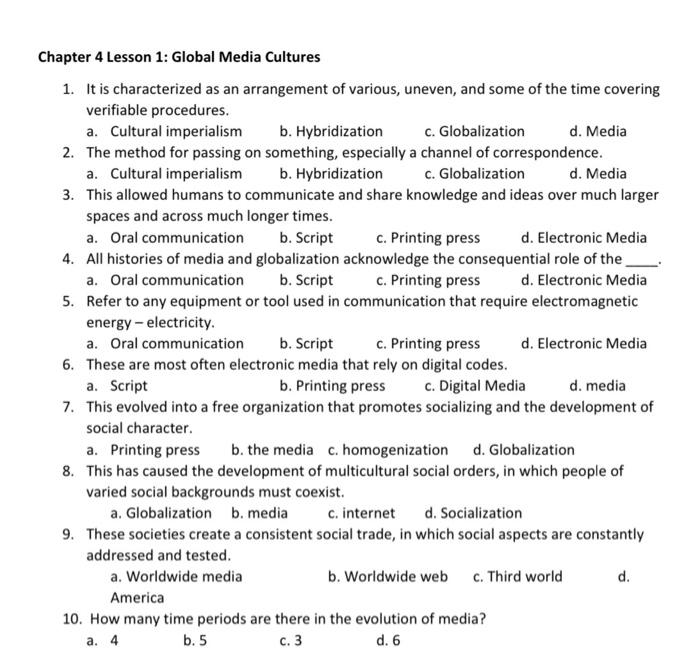Solved Chapter 4 Lesson 1: Global Media Cultures 1. It is | Chegg.com