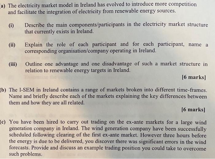 Solved a) The electricity market model in Ireland has | Chegg.com