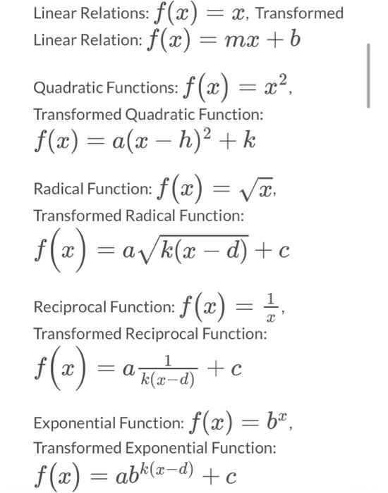 Solved Linear Relations: f(x)=x, Transfo Linear Relation: | Chegg.com