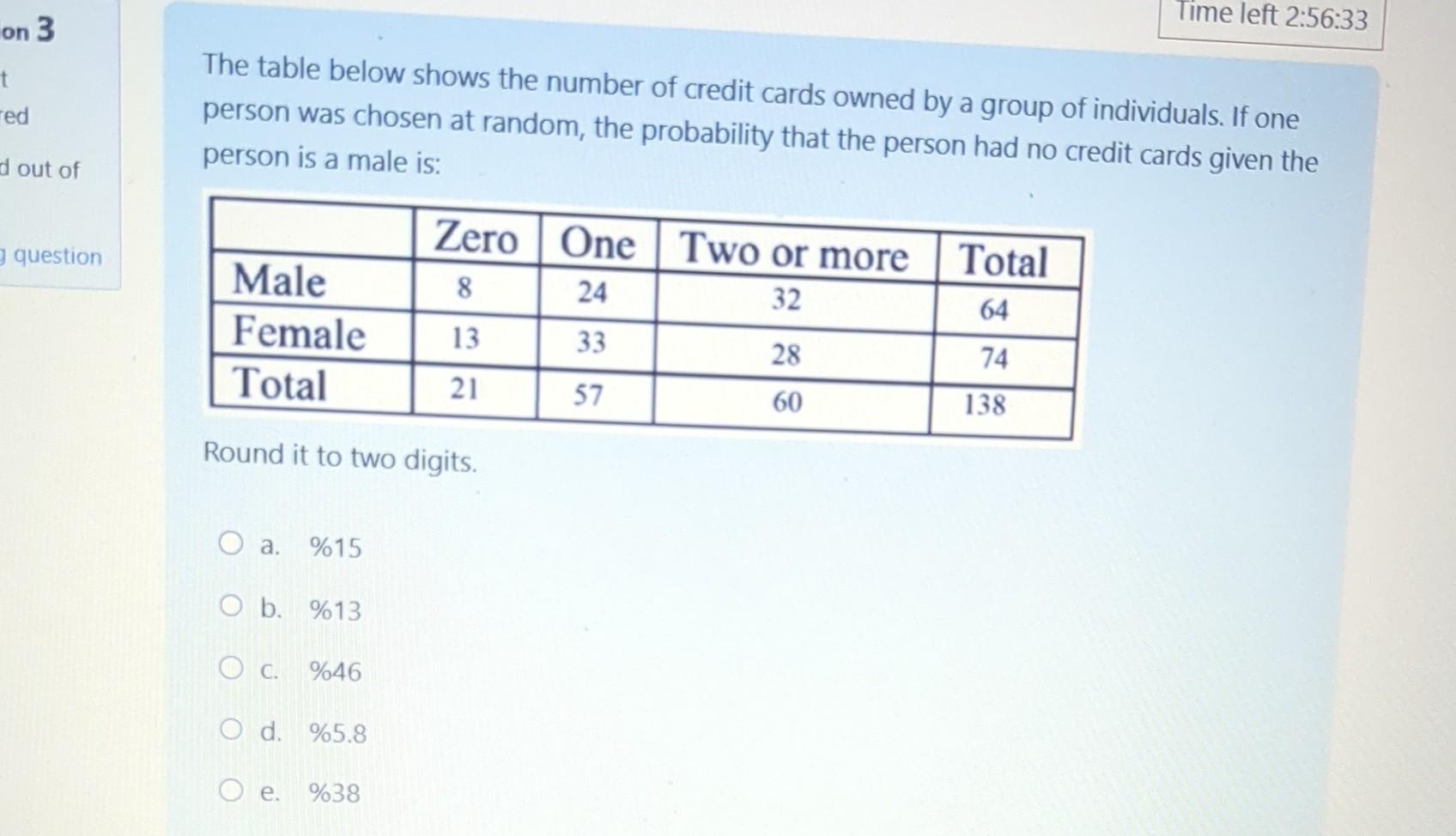 Solved Time left 2:56:33The table below shows the number of | Chegg.com