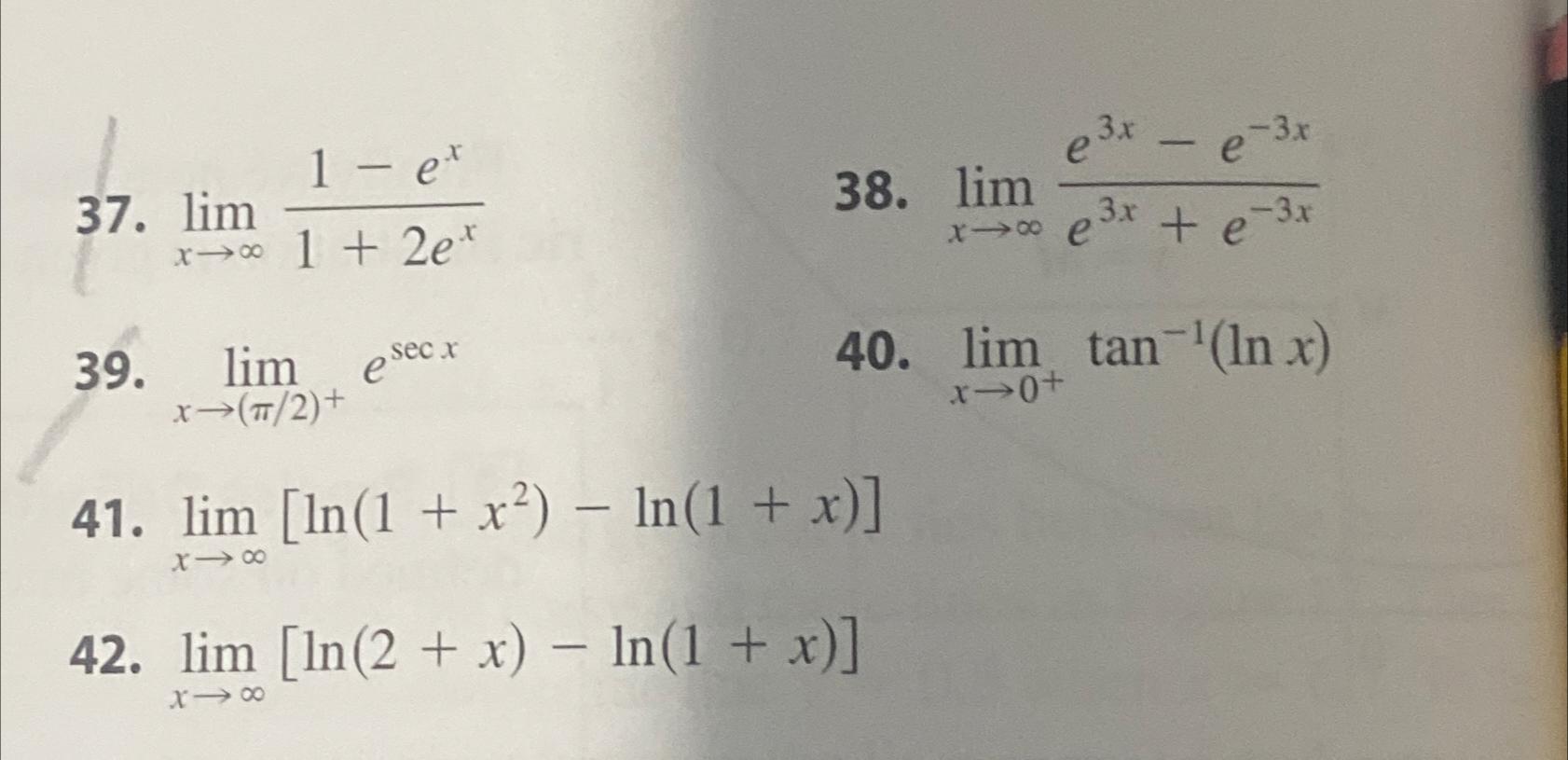 Solved limx→∞1-ex1+2exlimx→∞e3x-e-3xe3x+e-3xlimx→(π2)+esecxl | Chegg.com