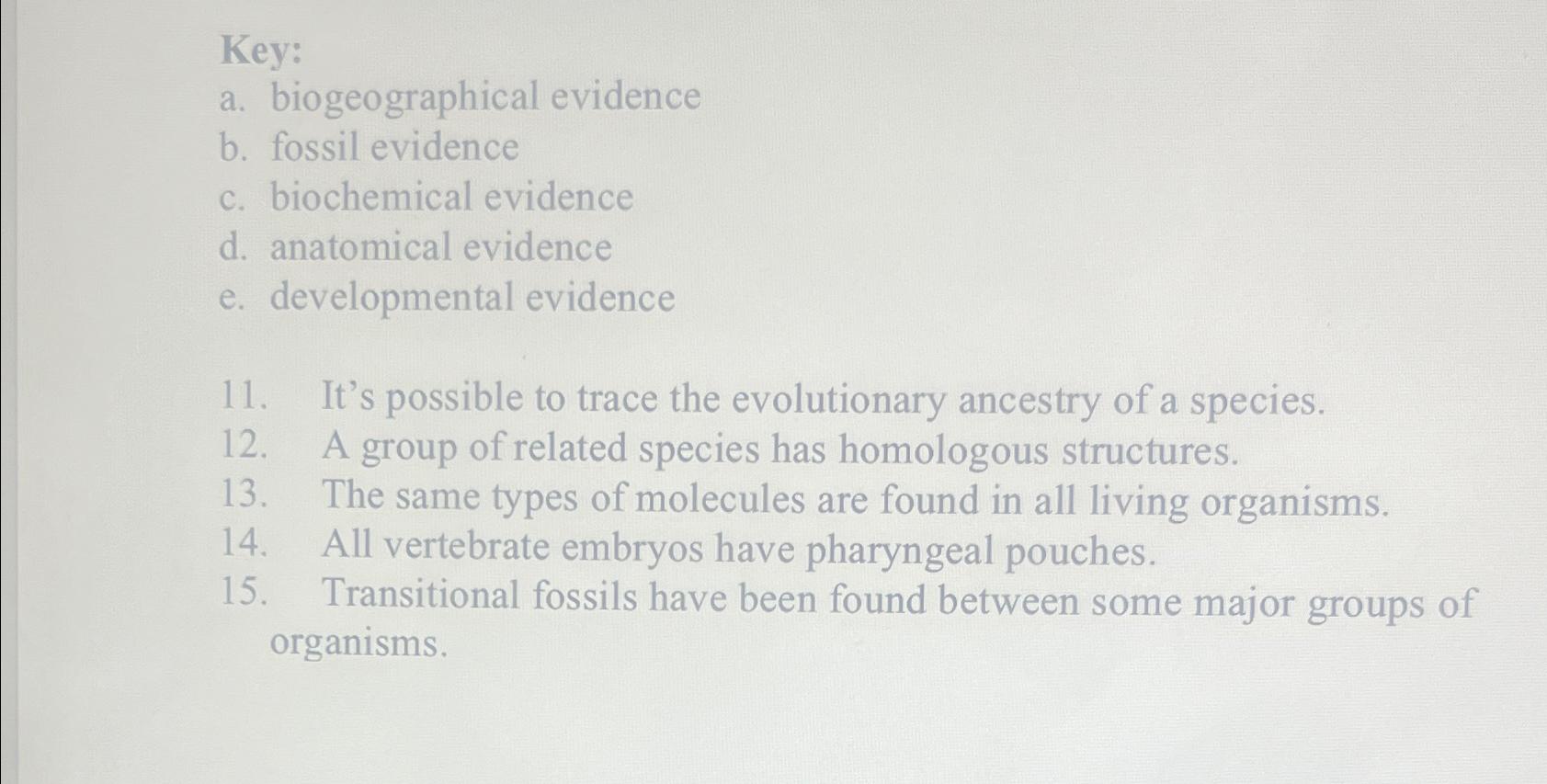 Solved Key:a. ﻿biogeographical evidenceb. ﻿fossil evidencec. | Chegg.com