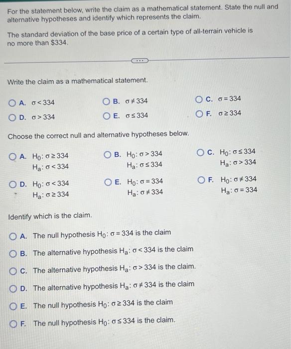 Solved For the statement below, write the claim as a | Chegg.com