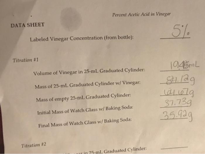 Solved Percent Acetic Acid in Vinegar CALCULATIONS AND | Chegg.com