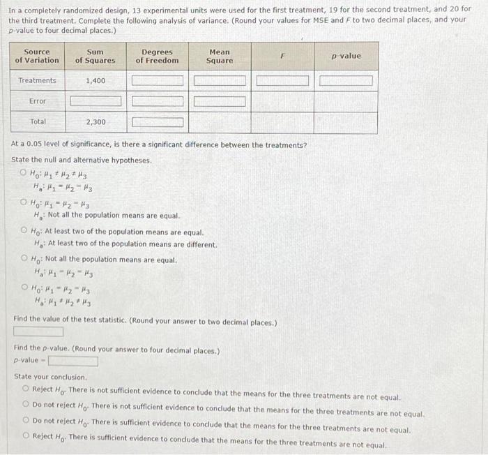Solved In a completely randomized design, 13 experimental | Chegg.com