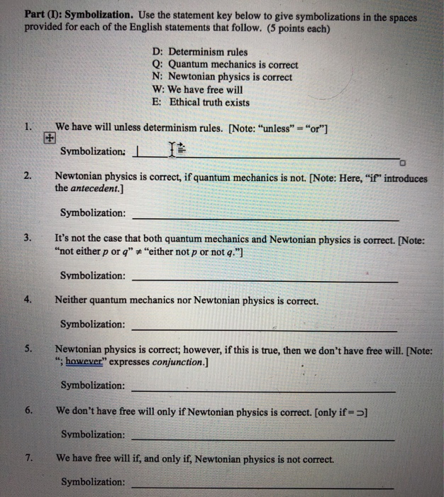 Solved Part (I): Symbolization. Use the statement key below | Chegg.com