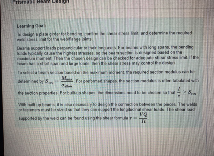 Solved Prismatic Beam Design Learning Goal: To design a | Chegg.com