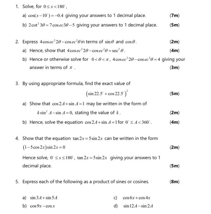 Solved 1. Solve, for 0≤x