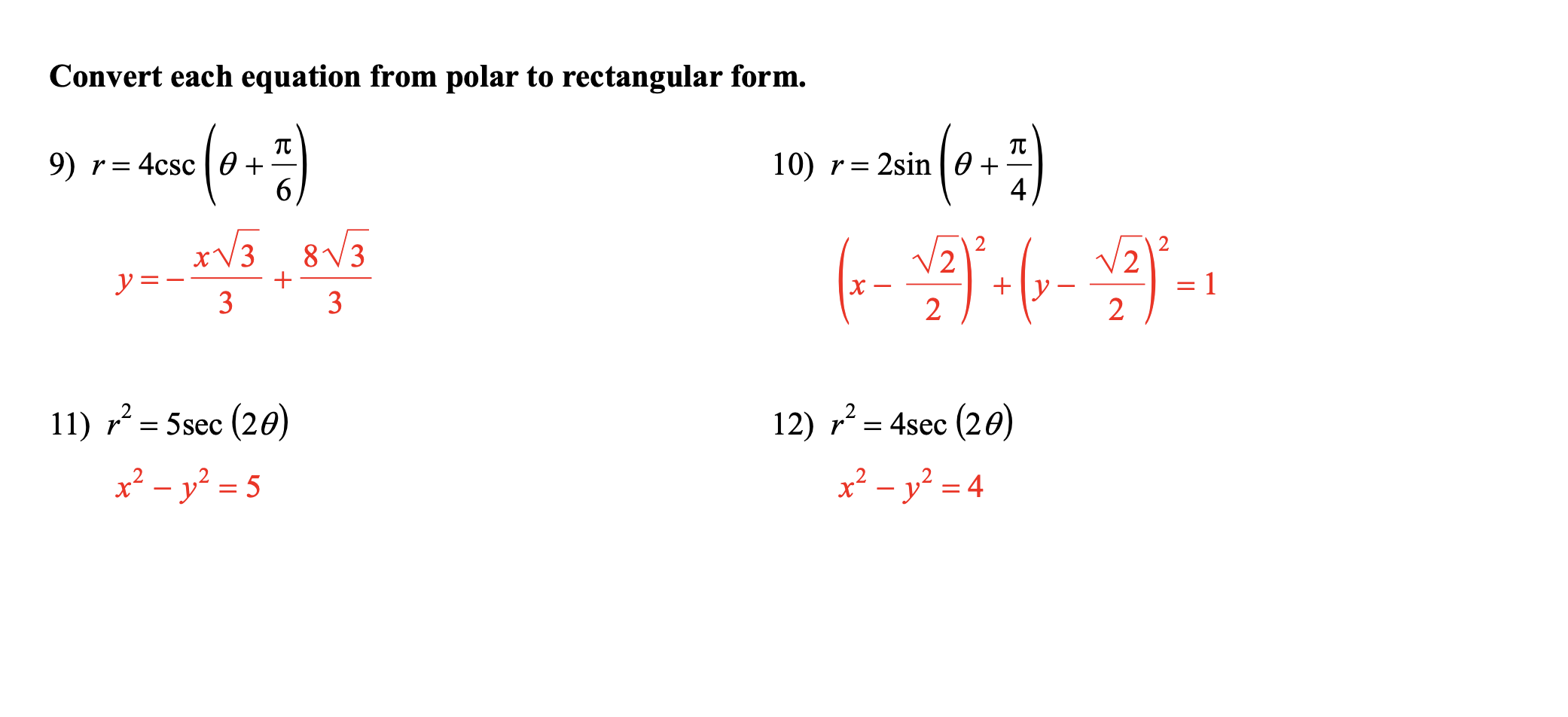 Solved Convert each equation from polar to rectangular | Chegg.com