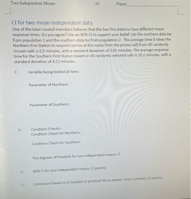 Solved Two Independent Means F: Cl for two mean independent | Chegg.com