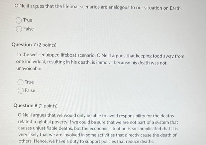 O'Neill argues that the lifeboat scenarios are | Chegg.com