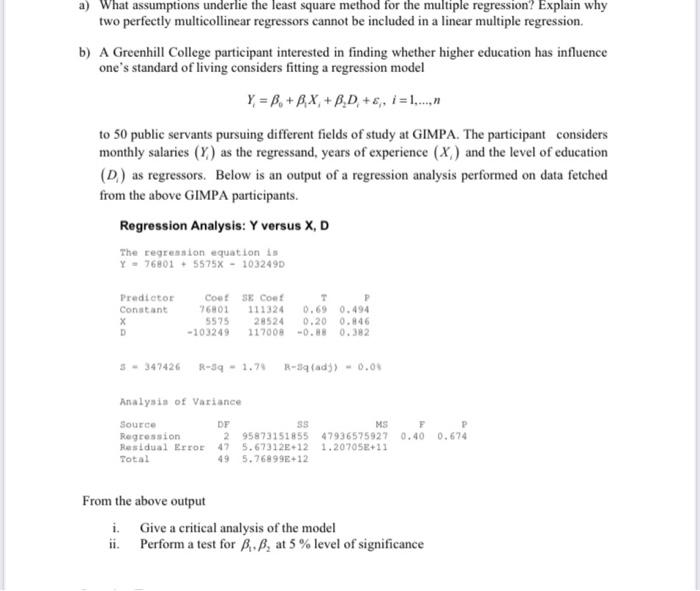 Solved a) What assumptions underlie the least square method | Chegg.com