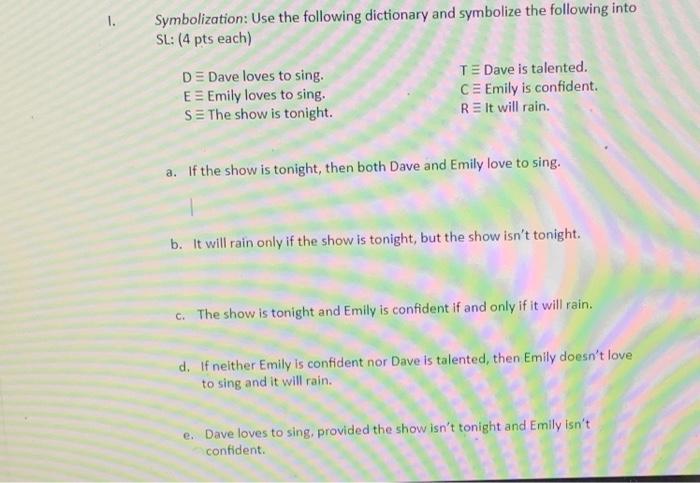 Solved 1. Symbolization: Use the following dictionary and | Chegg.com