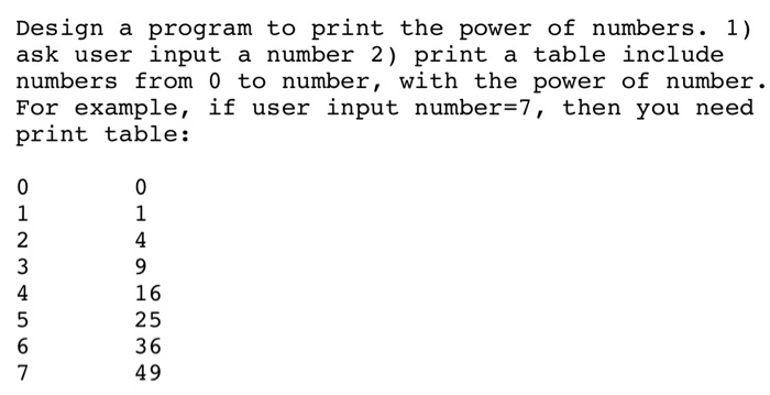 Solved Design a program to print the power of numbers. 1) | Chegg.com