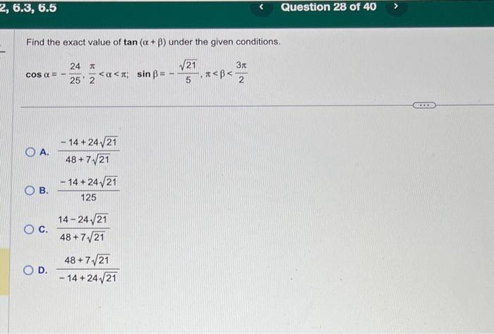 Solved Find the exact value of tan(α+β) under the given | Chegg.com