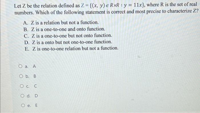 Solved Let Z be the relation defined as Z = {(x, y) € RxR : | Chegg.com
