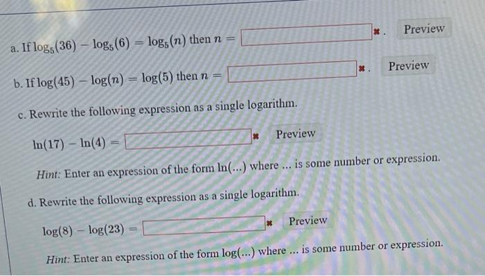 Solved If log5(36)−log5(6)=log5(n) then n= . If | Chegg.com