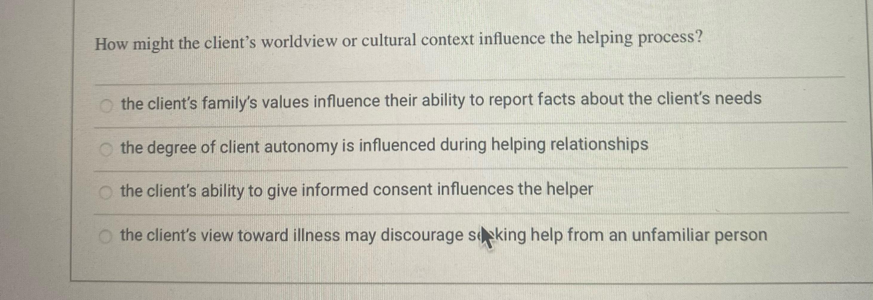 Solved How might the client's worldview or cultural context | Chegg.com