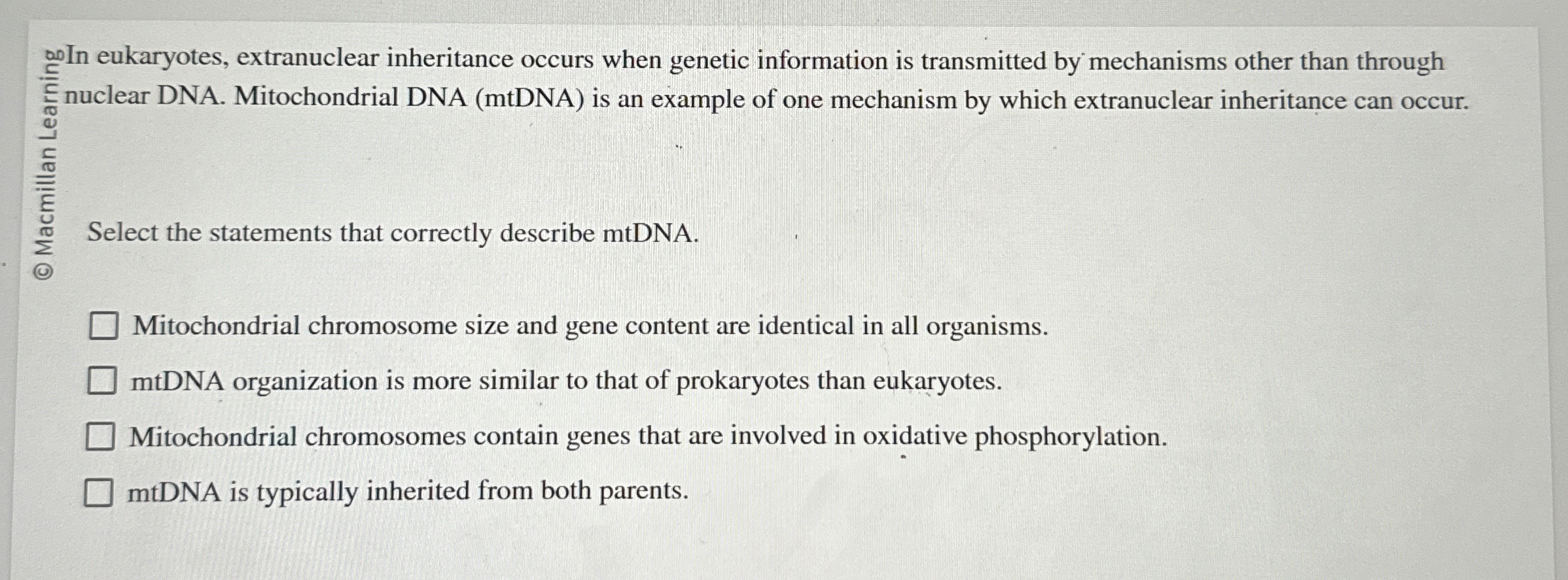 Solved Select the statements that correctly describe mtDNA. | Chegg.com