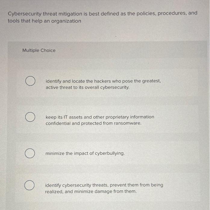 Solved Cybersecurity threat mitigation is best defined as | Chegg.com