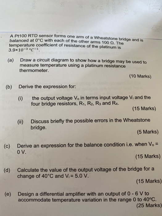 Solved A Pt100 RTD sensor forms one arm of a Wheatstone | Chegg.com