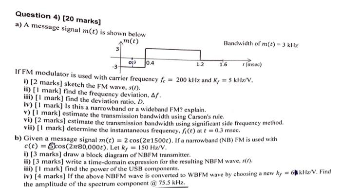 Question 4) [20 marks] a) A message signal m(t) is | Chegg.com