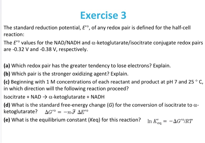 Solved Exercise 3 The standard reduction potential, E'o, of | Chegg.com
