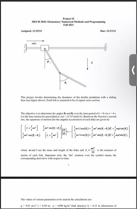 Project 2 MECH 2010: Elementary Numerical Methods and | Chegg.com
