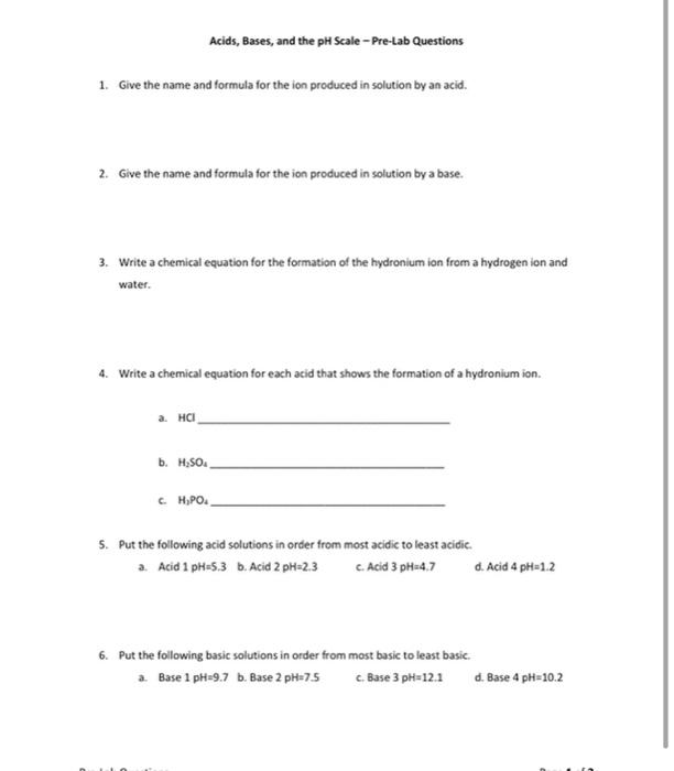 Solved Acids, Bases, and the pH Scale - Pre-Lab Questions 1. | Chegg.com