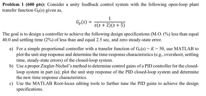 Solved Problem 1 ( 600pts) : Consider a unity feedback | Chegg.com