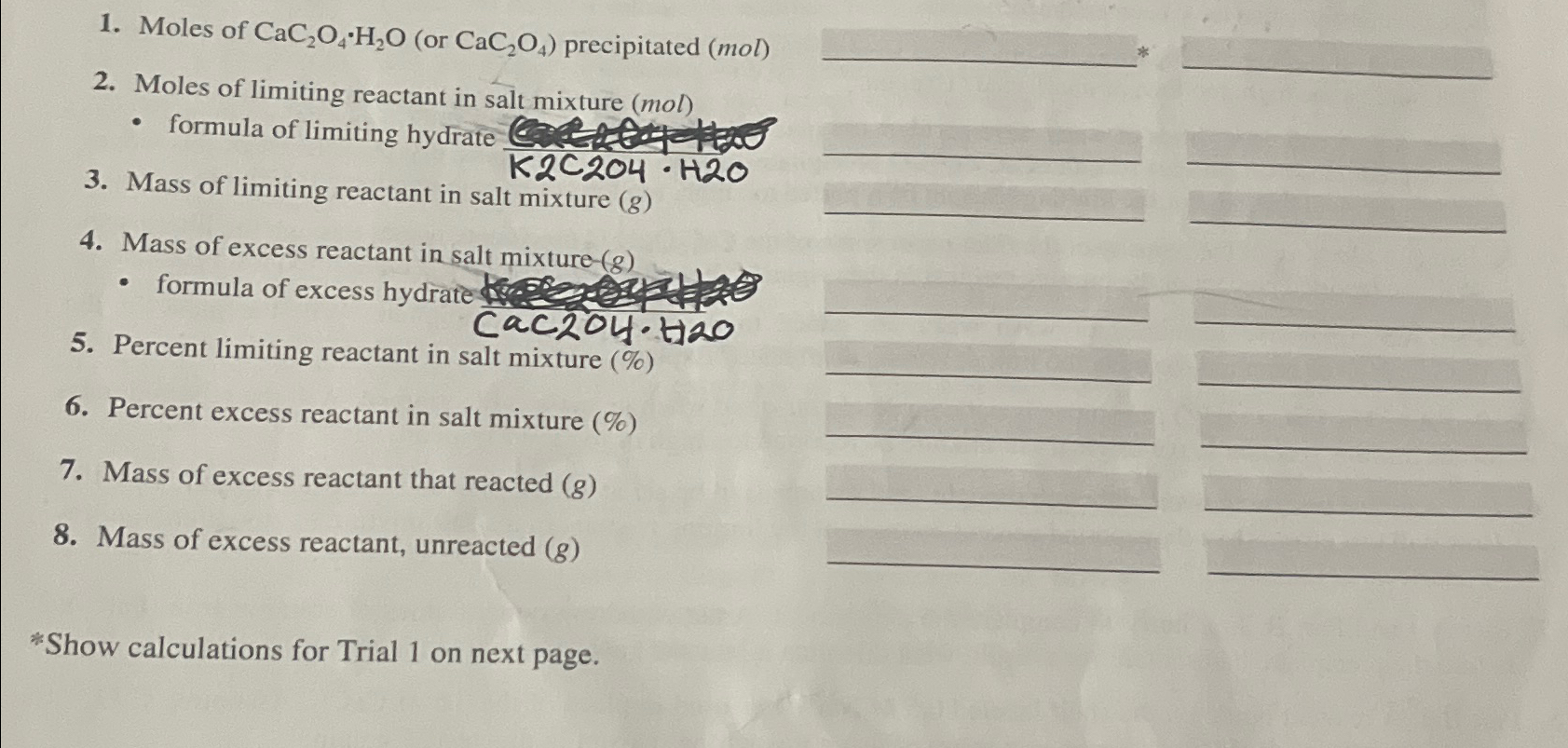 Solved Moles of CaC2O4*H2O (or CaC2O4 ) ﻿precipitated ( ﻿mol | Chegg.com